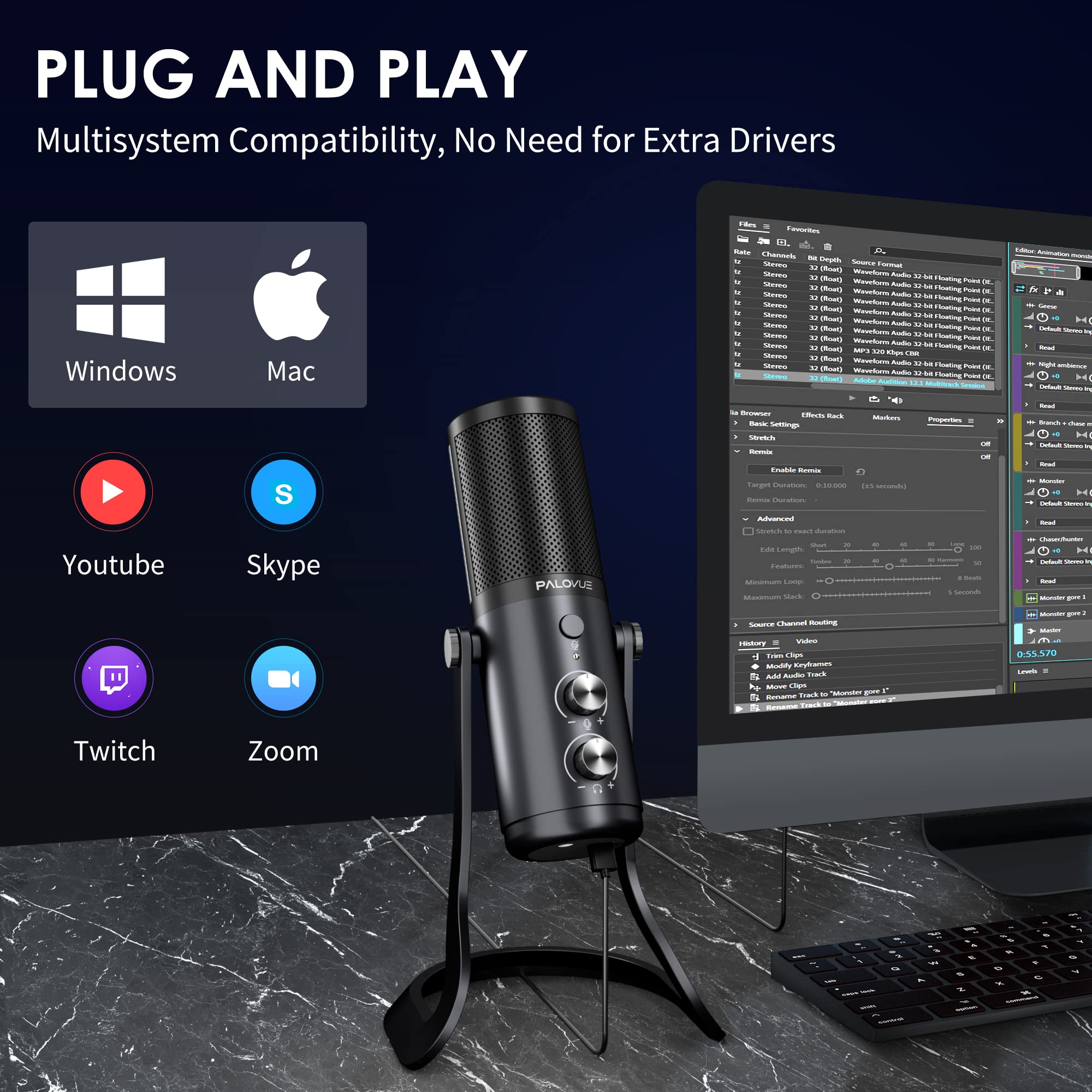 PALOVUE USB Computer Microphone, Condenser Microphone for PC, Gaming, Podcast, with Noise Cancelling Instant Mute, Volume Control, Headphone Output Streaming Mic for Recording Vocals YouTube