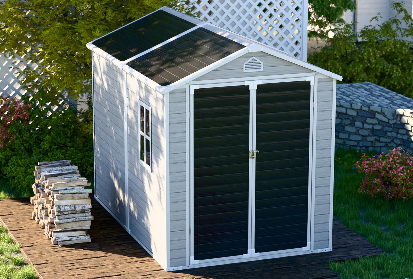 CDCASA 8x6 FT Resin Storage Shed, Waterproof Large Outdoor Shed with Floor & Lockable Door & Window & Vents, Plastic Tool Shed for Backyard, Patio, Poolside, Lawn, Gray