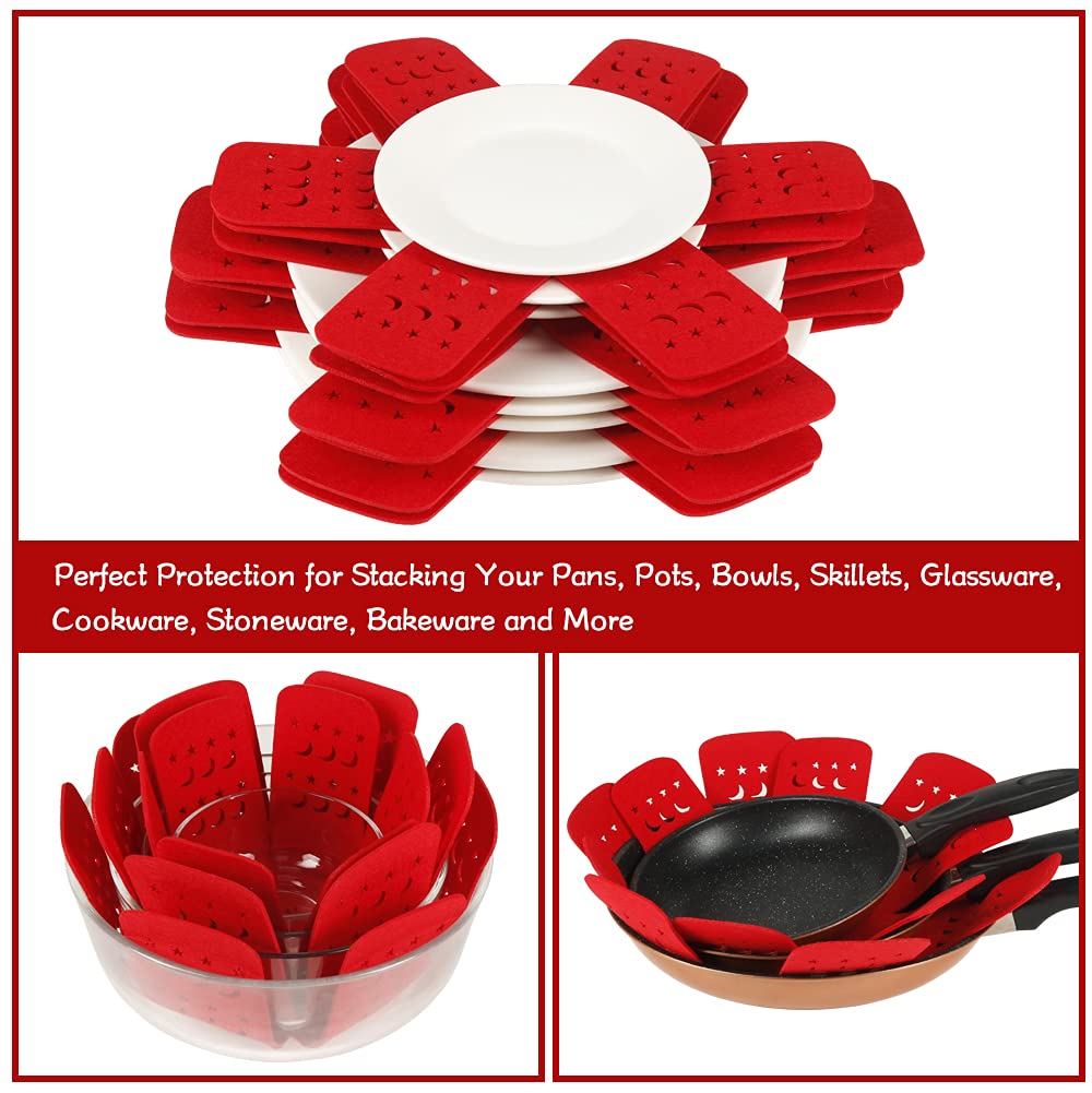 BYKITCHEN Pot and Pan Protectors, Pan Protector with Stars and Moons, Set of 12 and 3 Different Sizes, Larger&Thicker Red Pan Separators/Pot Protectors for Stacking and Protecting Your Cookware