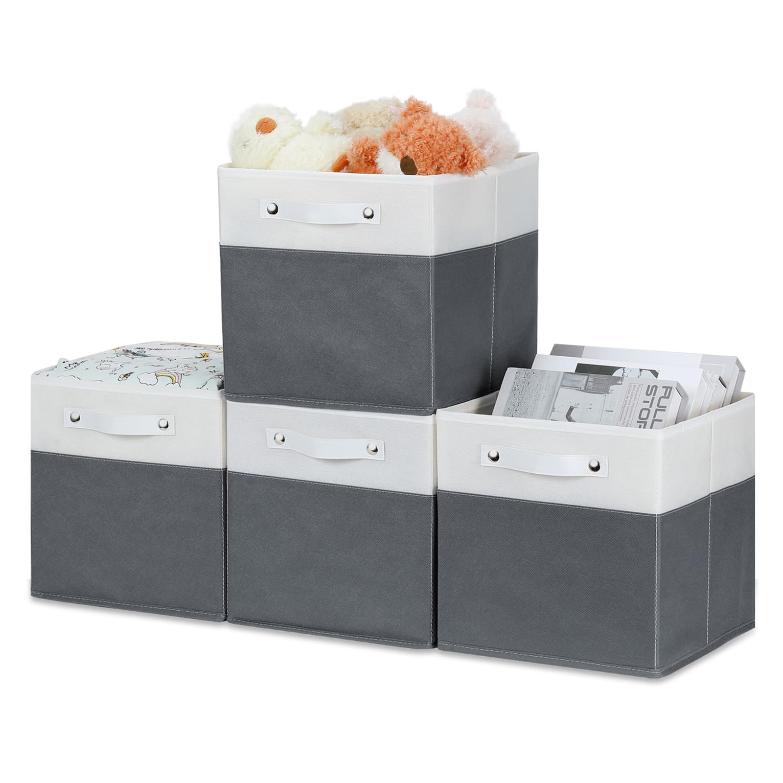Bidtakay Collapsible Storage Bins 4-Pack Fabric Storage Cube Organizer with Handles 11x11x11 Inches Lightweight Clothes Baskets Waterproof Small Storage Cube Bins with Hard Board White/ Light Beige