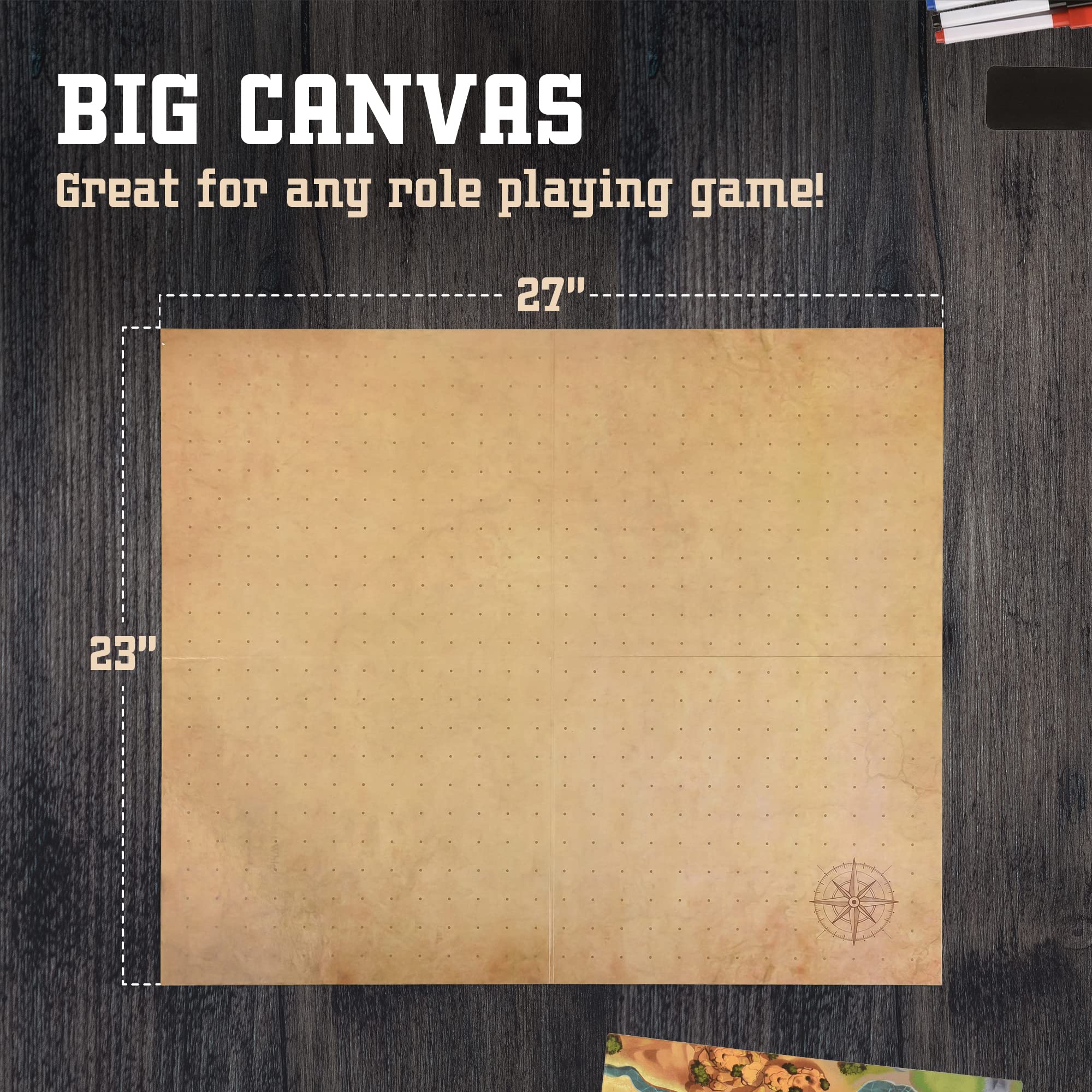 IMPRESA 27" x 23" Double Sided and Foldable Role Player Game Battle Grid Game Mat - for Dungeons and Dragons and Other RPGs - Double Sided - Includes Markers and Eraser