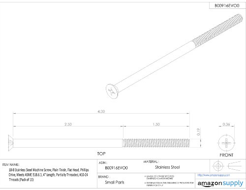 Small Parts 18-8 Stainless Steel Machine Screw, Plain Finish, Flat Head, Phillips Drive, Meets ASME B18.6.3, 4" Length, Partially Threaded, #10-24 UNC Threads (Pack of 10)