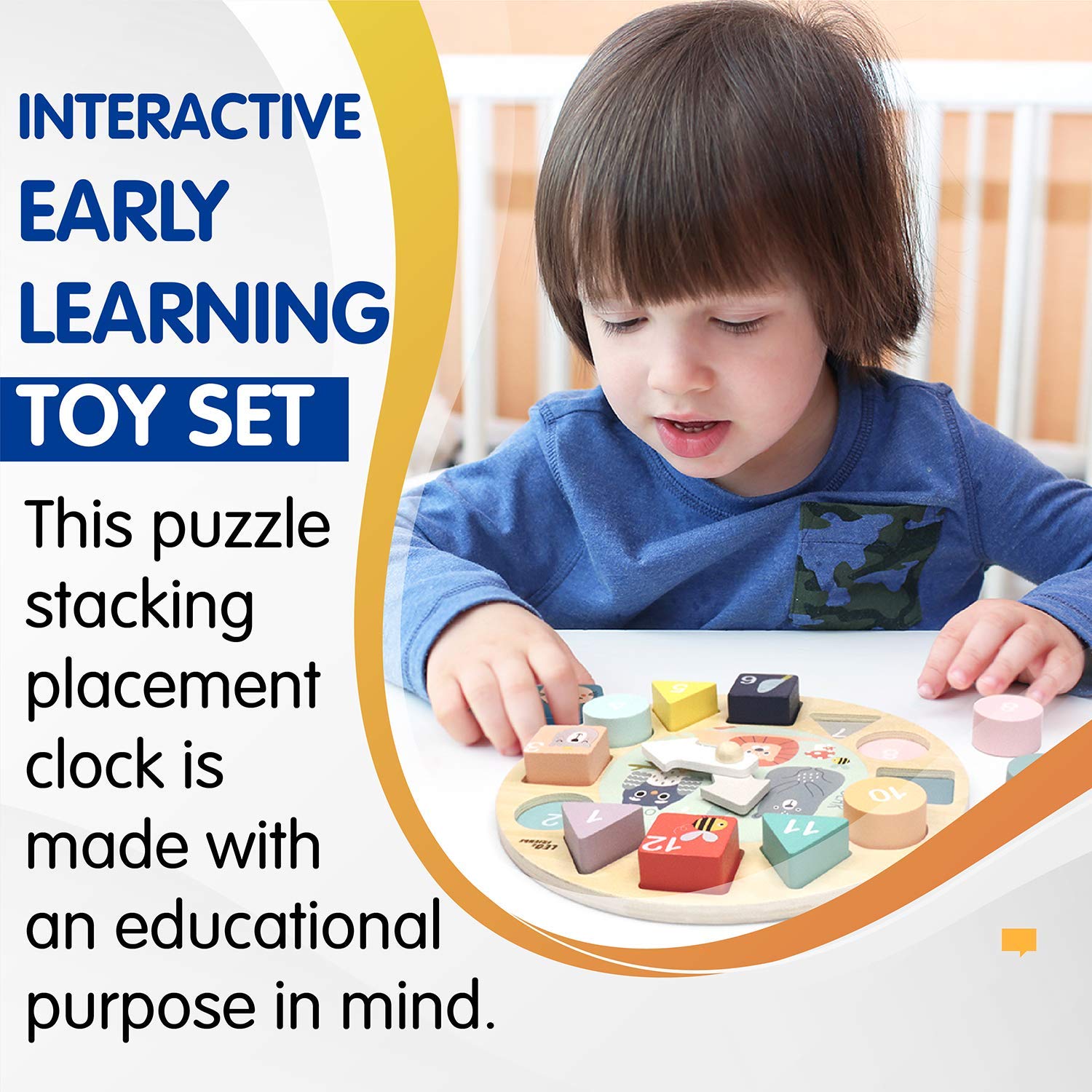 LEO & FRIENDS Shape Sorting Clock - 1 to 12 Removable Number Blocks Included, Learn How to Tell Time, Premium Wooden Educational Toy, Fun Puzzle Stacking and Sorting for Children Ages 3+