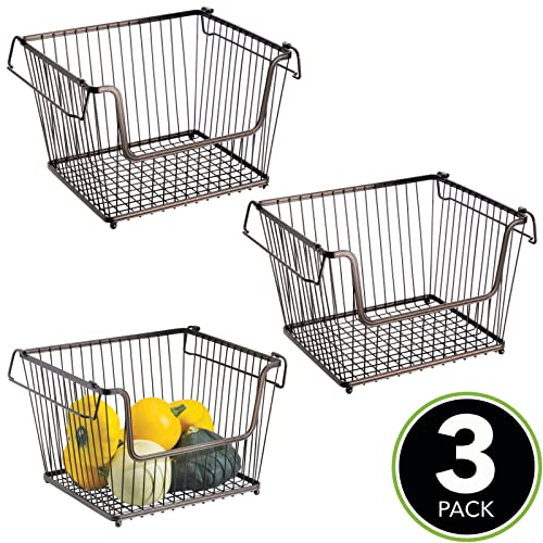 mDesign Stackable Metal Basket for Kitchen Storage - Large Wire Farmhouse Bin Basket w/Handles for Pantry - Stacking Wire Basket Organizer for Food, Drinks - Hyde Collection, 3 Pack, Bronze