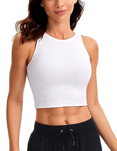 CRZ YOGA Womens Butterluxe Double Lined Cropped Tank Tops High Neck Racerback Tanks Sleeveless Casual Workout Crop Top White Medium