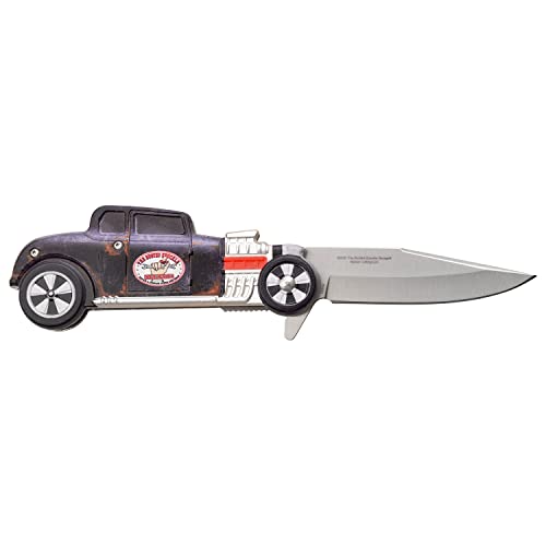 Busted Knuckle Garage - Spring Assisted Pocket Knife - Satin Finish Stainless Steel Blade, Aluminum Handle, Handle is Shaped Like Hot Rod, Liner Lock, Pocket Clip, Mechanic, Wrench Turners - BKG-A005