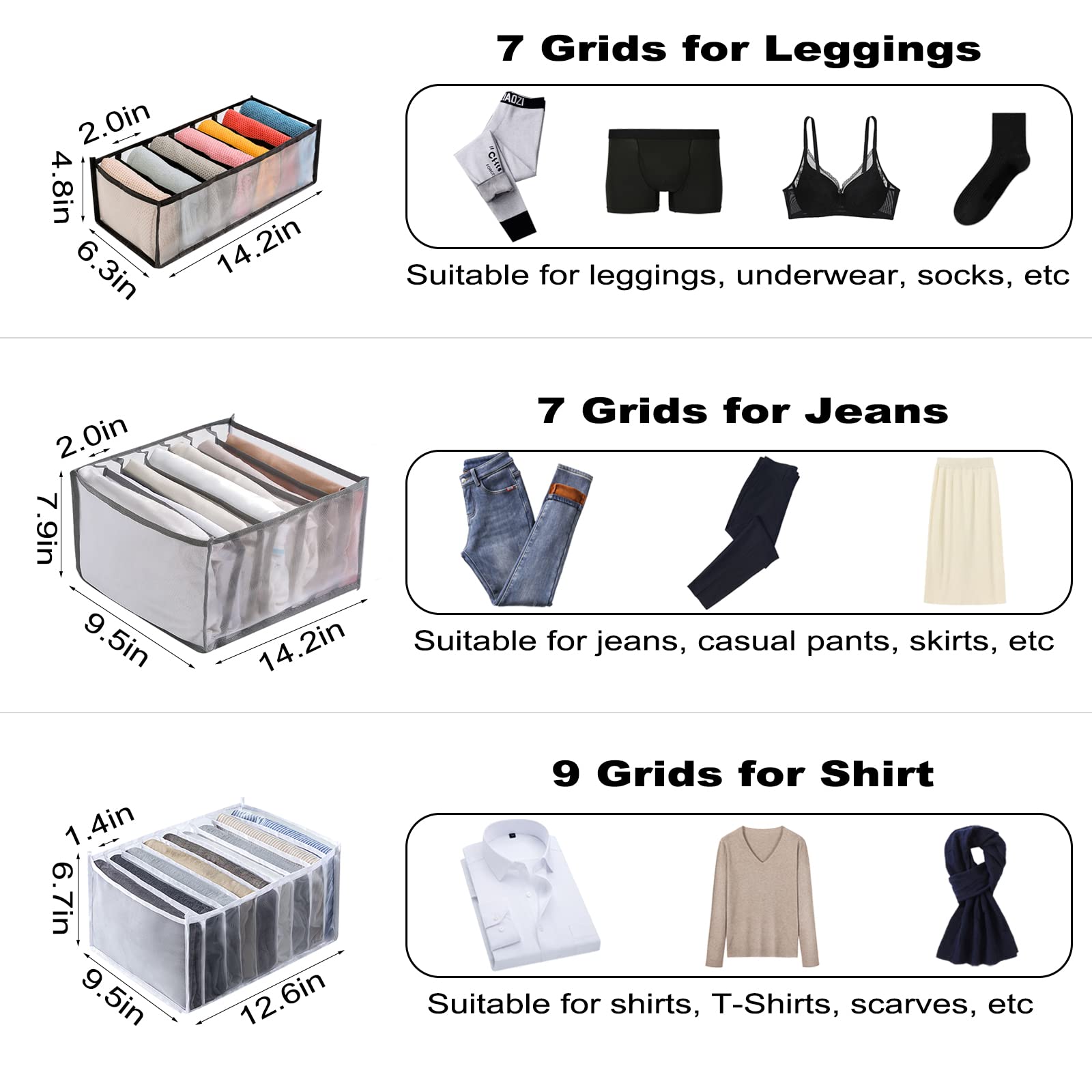 Evankin 2PCS Wardrobe Clothes Organizer - 7-Grid Drawer & Closet Storage Organizer - Nylon Mesh Organizer - Small Size for Leggings, Underwear, Socks (White)