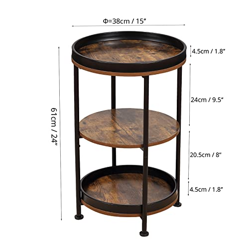 Dulcii Industrial Round End Table, 3 Tiers Round Side Table with Sturdy Metal Frame, Metal Round Sofa Table, Vintage Nightstand for Living Room Bedroom, Easy Assembly (Rustic Brown)