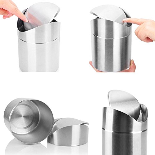 ZHOUWHJJ Mini Countertop Brushed Stainless Steel Swing Lid Trash Can Set, Come with Trash Bag, 1.5 L / 0.40 Gal, Multiple Color Options, Silver