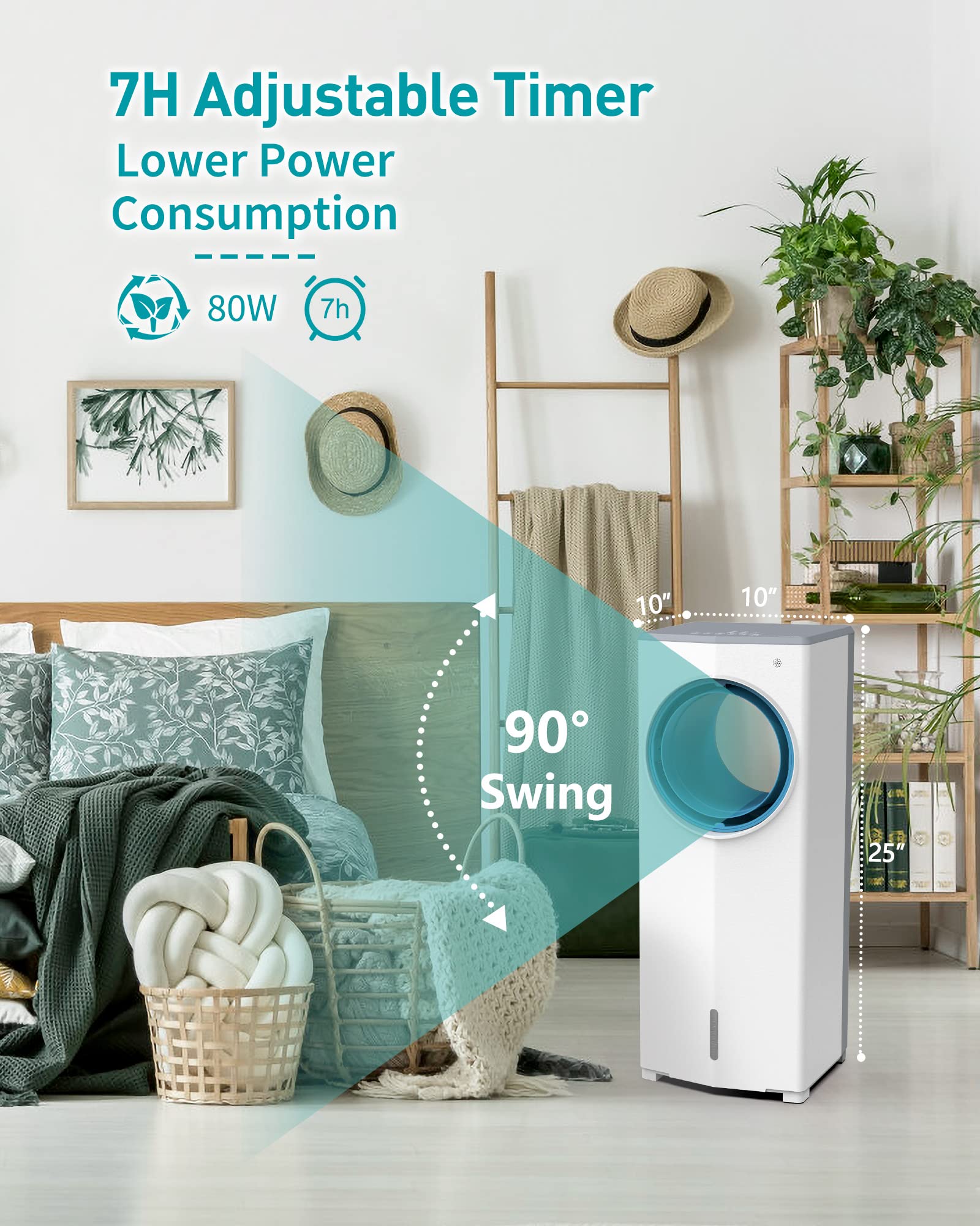 Evaporative Air Cooler, Bladeless Tower Fan & Humidifier with 3 Modes, Portable Swamp Fan with Oscillation, 3 Speeds, 1 Gallon Water Tank, Remote Control, Timer, for Home Indoor