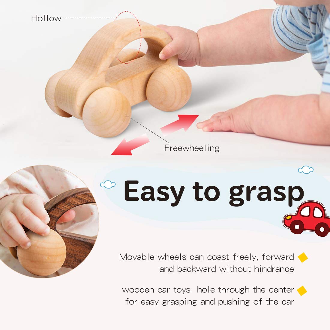 let's make Organic Baby Push Car Wooden Toys 2pc Wood Car and Fine Movement Development and Infant Grasping Montessori Toys