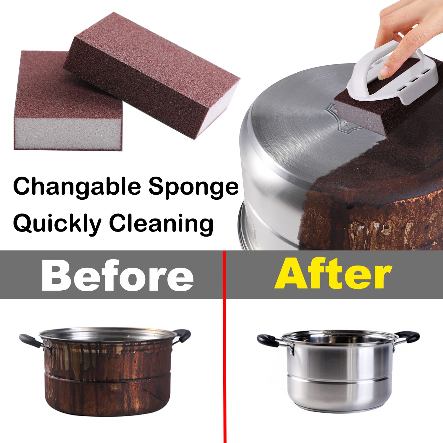 ApTimcity Nano Carborundum Sponge,4/8pc Emery Sponge Kitchen Pot Brush with Handle,Magic Eraser Scrub Kitchen Removal Sponge for Quickly Clean,Wet Dry Sanding Sponges