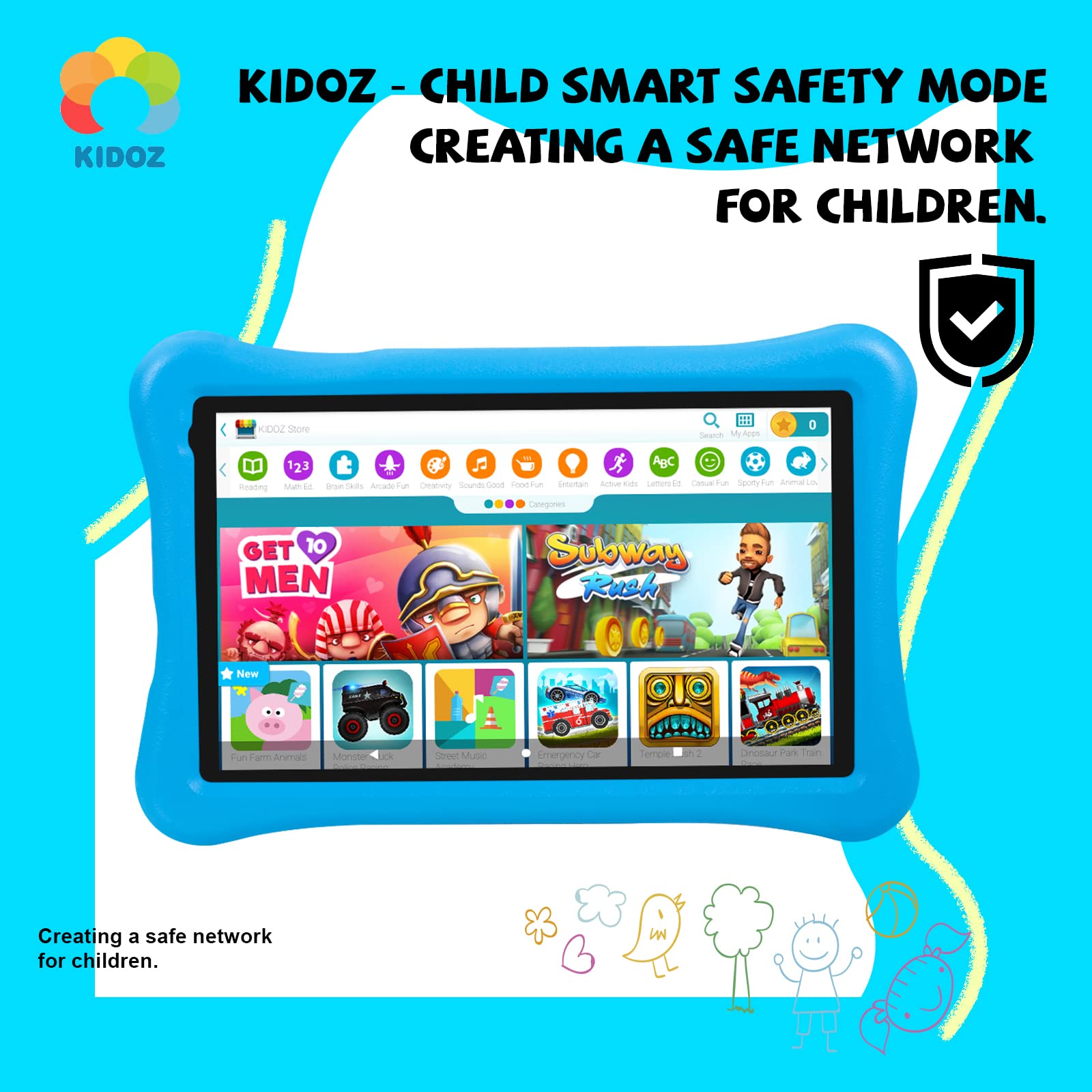 BYTENUC Kids Tablet, 10 inch Tablet for Kids, Kidoz Pre-Installed, Parental Control, 2GB RAM 32GB Storage, Bluetooth, WiFi, Dual Camera, Android Tablet for Kids with Shockproof Case and Stylus