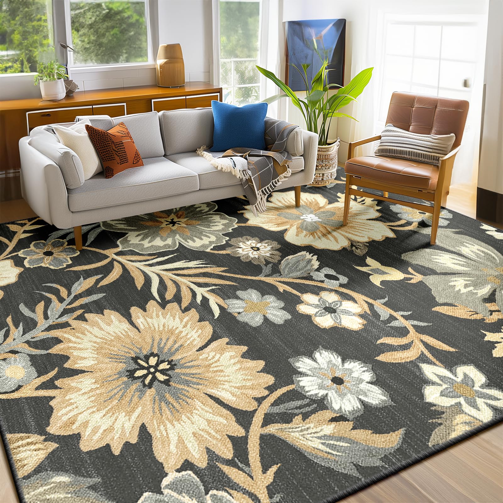 CAPALOCA Area Rugs 8x10 Machine Washable Rugs for Living Room Vintage Floral Print Decor Water Repellent Low Pile Soft Non Slip Rugs for Bedroom Dining Polyester Black Grey/Khaki Floral