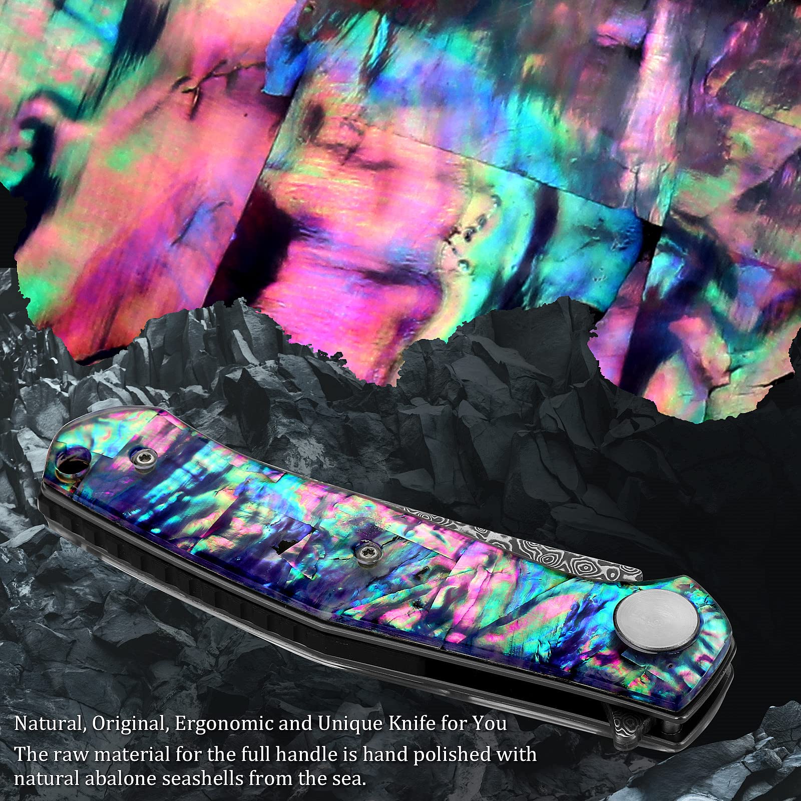 Benkey VG10 Damascus Abalone Seashells Pocket Knife 3 Pack and VG10 Damascus Natural Wood Pocket Knife Bundles