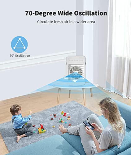 Personal Air Cooler, 70°Oscillating Evaporative Ultra Portable Personal Air Cooler with 7 Colors LED Light, 4 Wind Speeds, 2 Refrigeration, 2/4/6Timer, 2 Spray Modes and 450ml large tank for Office
