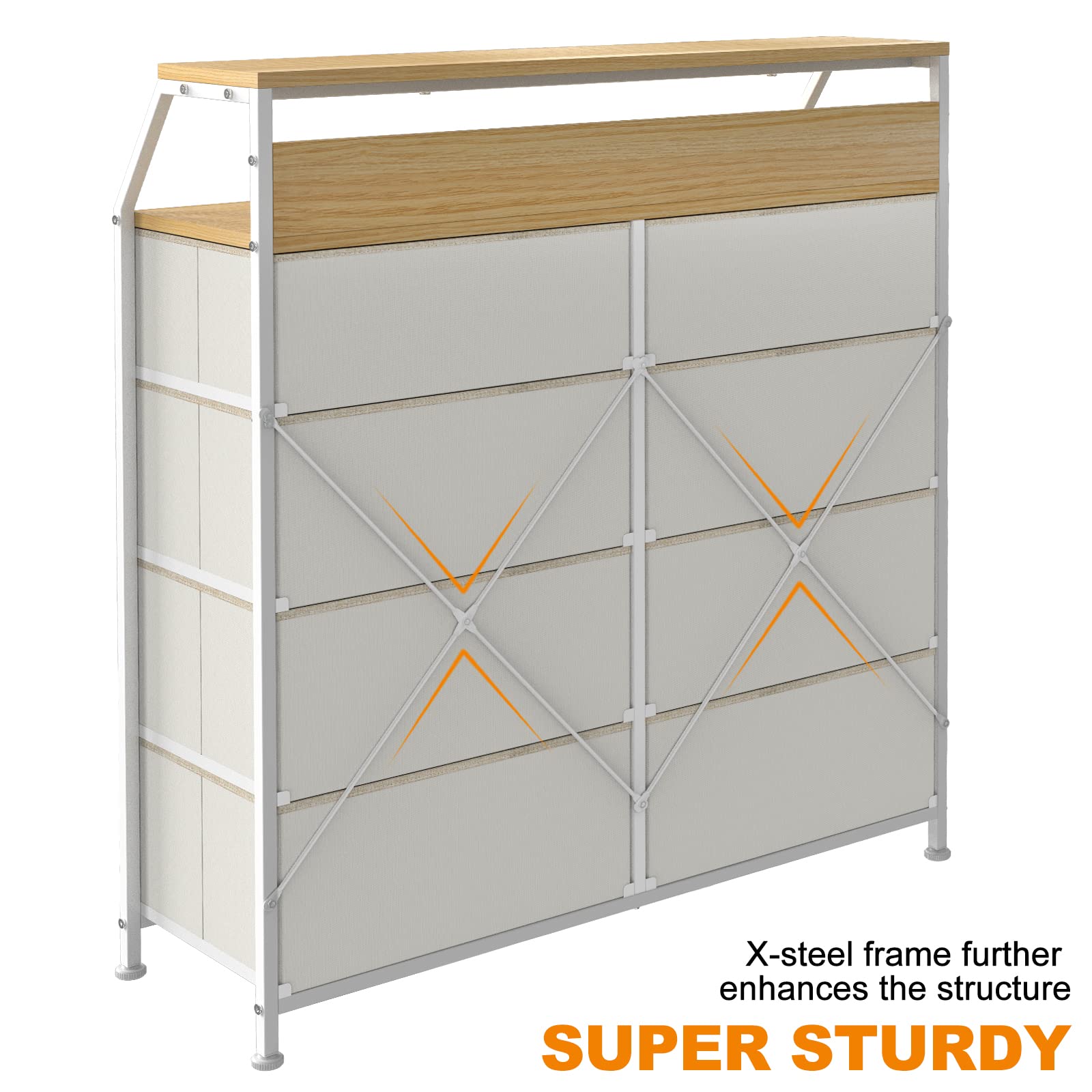 REAHOME 8 Drawer Steel Frame Wood Top Storage Organizer Dresser for Closet, Living Room, and Entryway with 2 Additional Drawer Organizers, Taupe