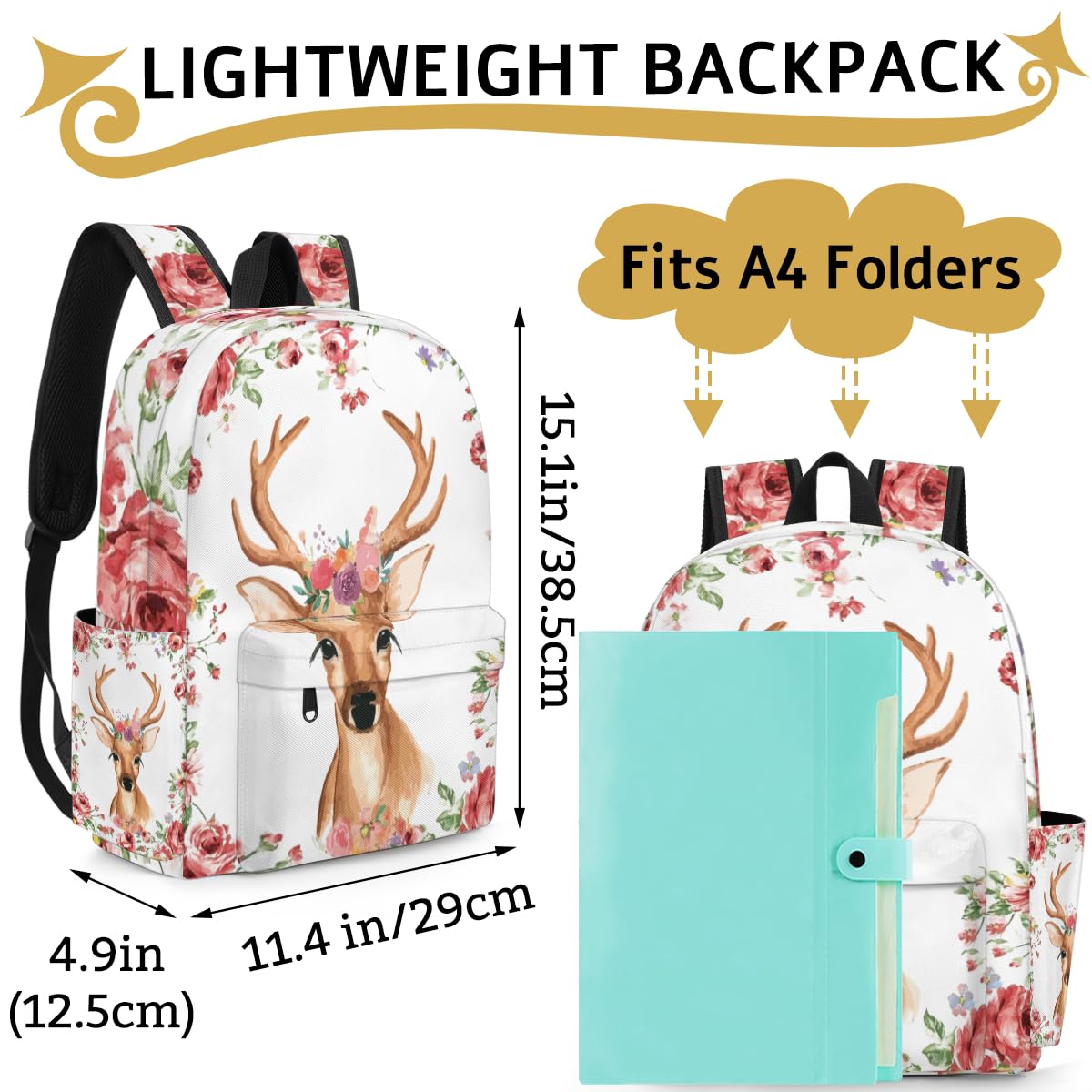 Bardic Backpack for Kids Kindergarten Boys Girls Backpack Metal Double Zipper Lightweight School Bookbag Travel Backpack - Cute Deer Flower Rose
