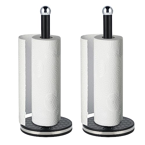 Dxlac 2 Pack Standing Paper Towel Holder, Black Kitchen Countertop Stand for Standard and Large Size Rolls - Ideal for Bathroom and Kitchen Organization and Storage