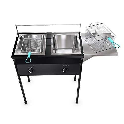 Bioexcel FT22 Two-Tank Propane Deep Fryer Commercial Deep Fryer, Outdoor Deep Fryer with 2 Stainless Steel Baskets & Lids Fish Fryer with Adjustable Temperature Regulator
