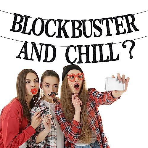 BLOCK BUSTER AND CHILL Banner, Back To 80s 90s, 80‘s 90’s Themed Birthday Party Decorations - Black Glitter