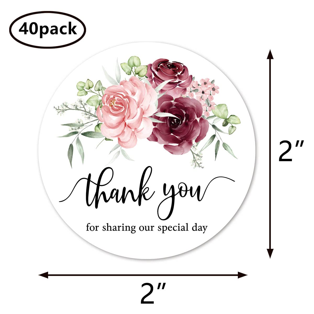 Burgundy Floral Thank You Stickers, 2 Inch Wedding Bridal Baby Shower Party Labels 40pack