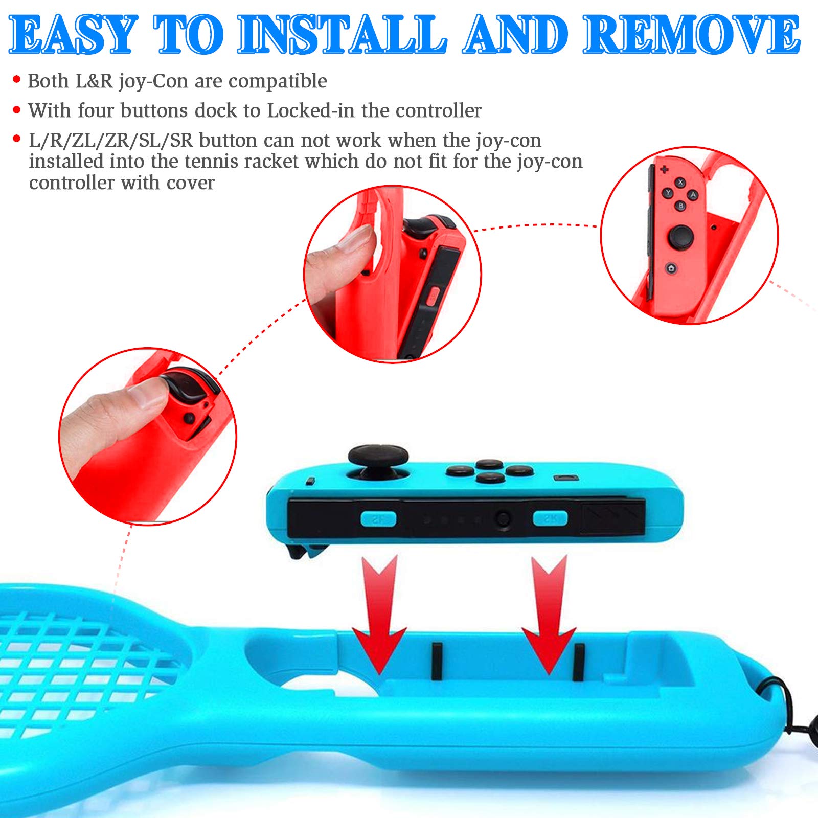 INFURIDER Tennis Racket Controller Holder for Nintendo Switch Game (2 pack,Red & Blue),Hand Grip Compatible for Sport Game, Game Controller Joy-Con Accessories for Nintendo Switch Mario Tennis Ace