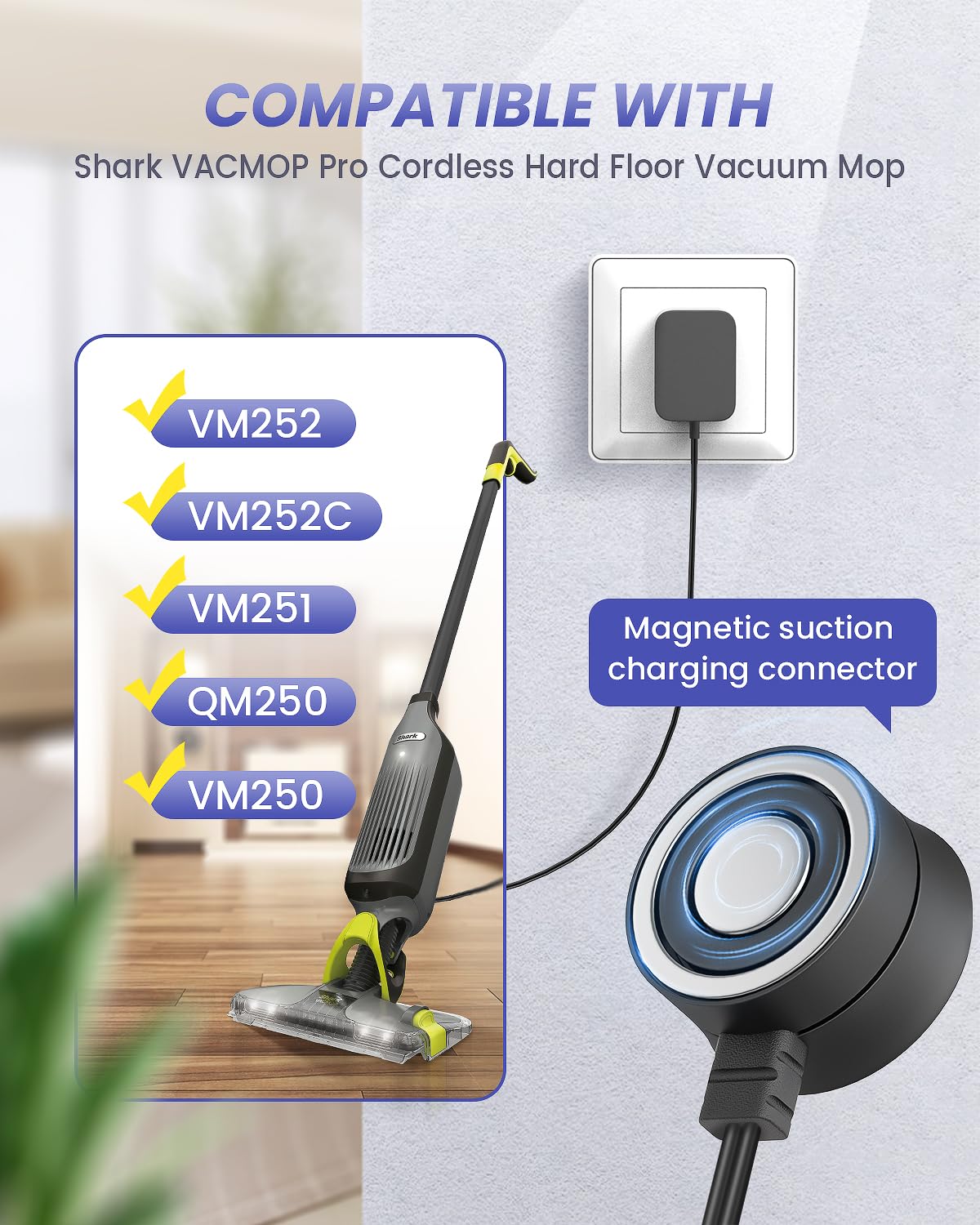 Replacement for Shark VACMOP VM252 VM252C QM252 VM251 VM250 Shark Cordless Hard Floor Vacuum Mop Magnetic Power Cord