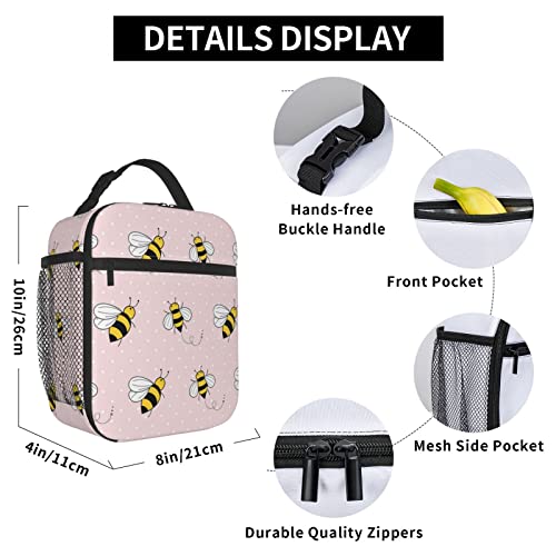 BQIUULO Cute Bees on Pink Lunch Bag for Men Women Tote Insulated Cooler Bags Reusable Lunch Box for College Work Office Picnic