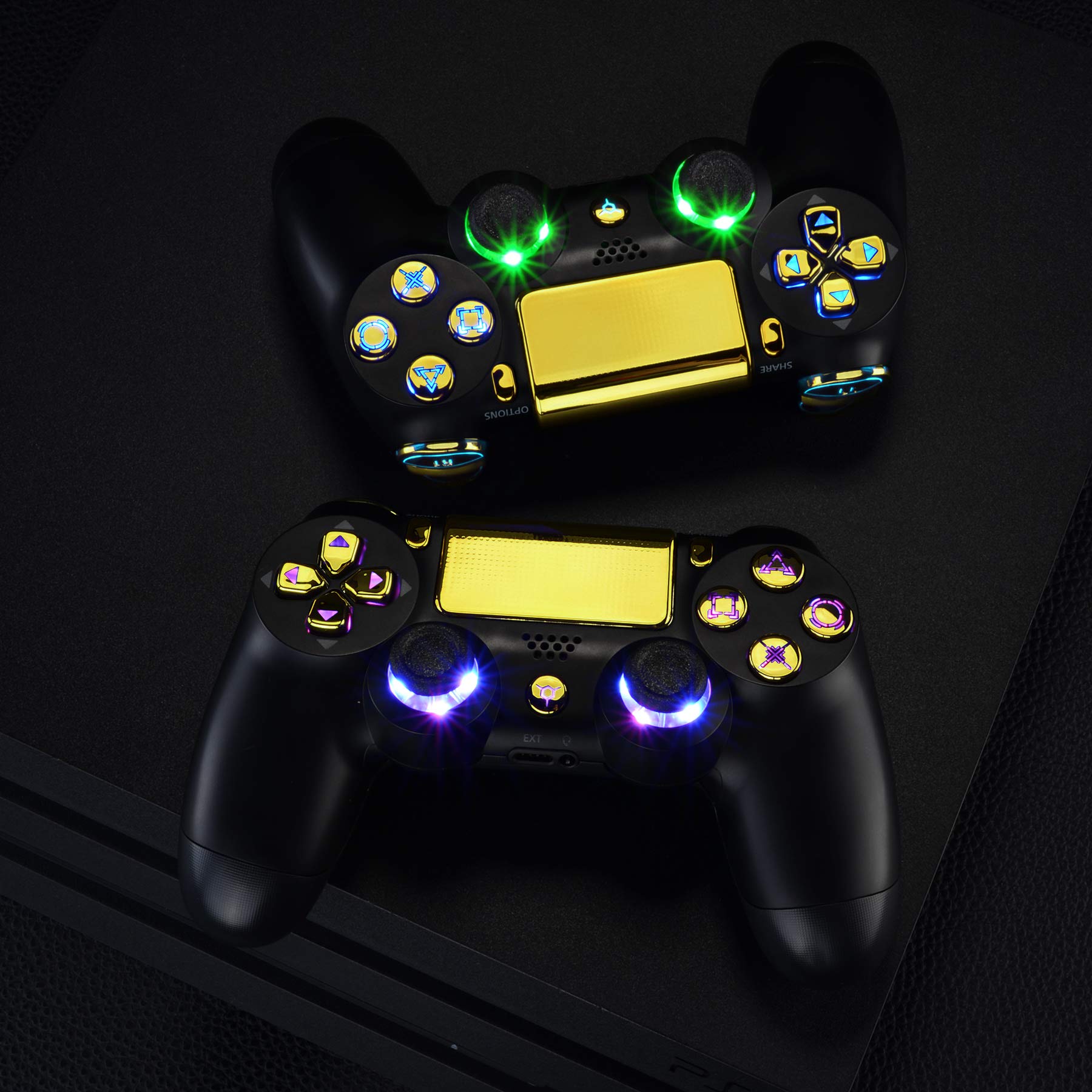 eXtremeRate 7 Colors 9 Modes Button Control DTFS (DTF 2.0) LED Kit, Chrome Gold Classical Symbols Multi-Colors Luminated D-pad Thumbsticks Face Buttons for PS4 Controller - Controller NOT Included