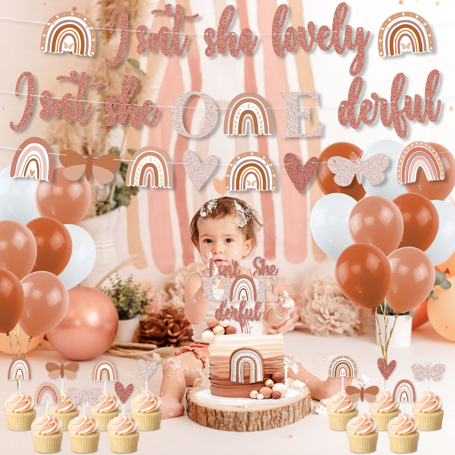 Boho Rainbow 1st Birthday Decorations,Boho First Party Decorations Isn't She Lovely and Isn't She Onederful Banner Cake Toppers and Balloons for Boho Theme Party First Birthday Girls