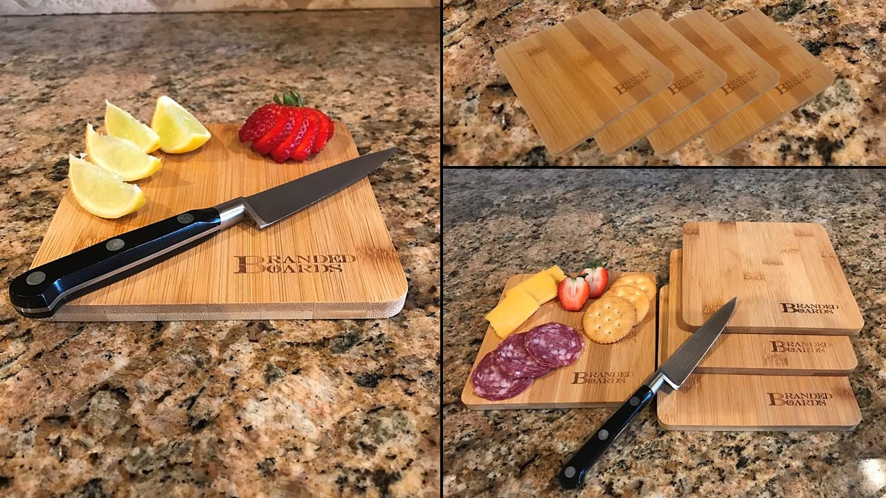 Branded Boards Small Mini All Natural Bamboo Cutting Board, Great for Apartments RV's Home Bar Backpacking Camping Bushcraft Dorm Rooms Picnics & Entertaining (4 Pack)