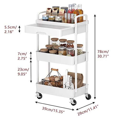 Dttwacoyh 3-Tier Rolling Cart,Trolley with Drawer, Multifunctional Storage Organizer with Plastic Shelf & Metal Wheels, Kitchen Storage Cart for Living Room, Kitchen, Office, Bathroom, White