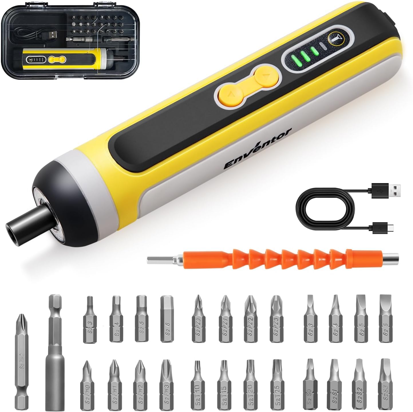 ENVENTOR Cordless Screwdriver Set, 4V 6N.m Electric Screwdriver 2000mAh with USB Type-C Rechargeable, 3 Torque Settings, LED Work Light, 25Pcs Magnetic Bits Set, Bit extension Holder, Flexible shaft