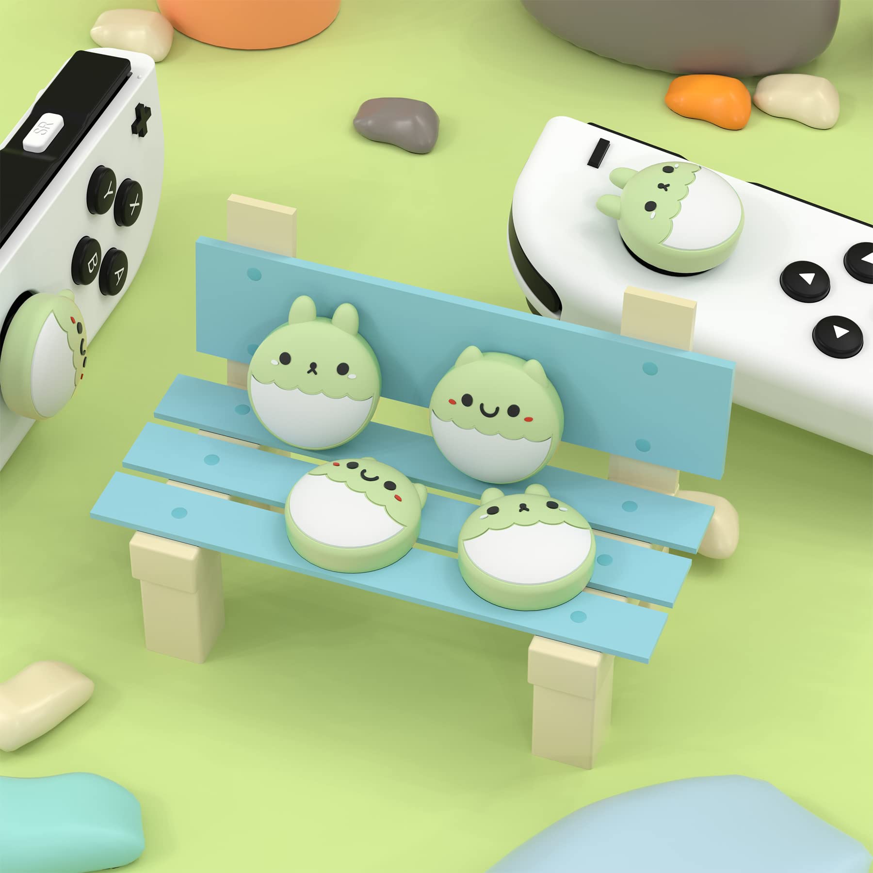 eXtremeRate PlayVital Rabbit & Squirrel Cute Switch Thumb Grip Caps, Matcha Green Joystick Caps for Nintendo Switch Lite, Silicone Analog Cover Thumbstick Grips for Switch OLED Joycon