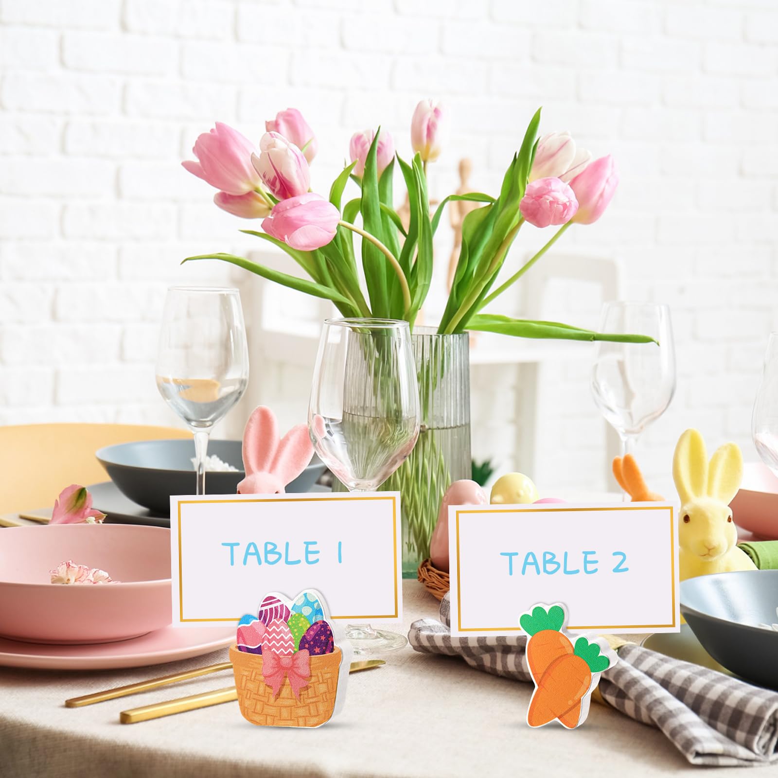 Kigley 18 Pcs Easter Bunny Eggs Wooden Place Card Holder with 25 Pcs Gold Foil White Card Easter Wooden Table Sign Bunny Easter Eggs Picture Number Sign Stands Holder for Spring Party (Cute)