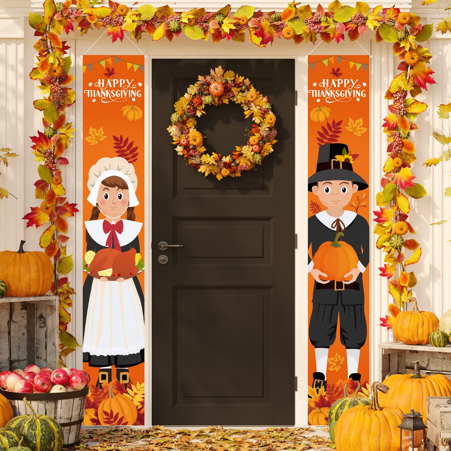 Thanksgiving Decorations Pilgrim Boy and Girl Front Porch Door Sign, Happy Thanksgiving Banner Fall Harvest Front Door Banners for Autumn Thanksgiving Harvest Party Supplies Decorations