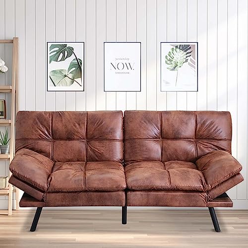 Fangflower Futon Sofa Bed, Faux Leather Memory Foam Couch, Foldable Convertible Sleeper Loveseat, Daybed for Living Room, Brown