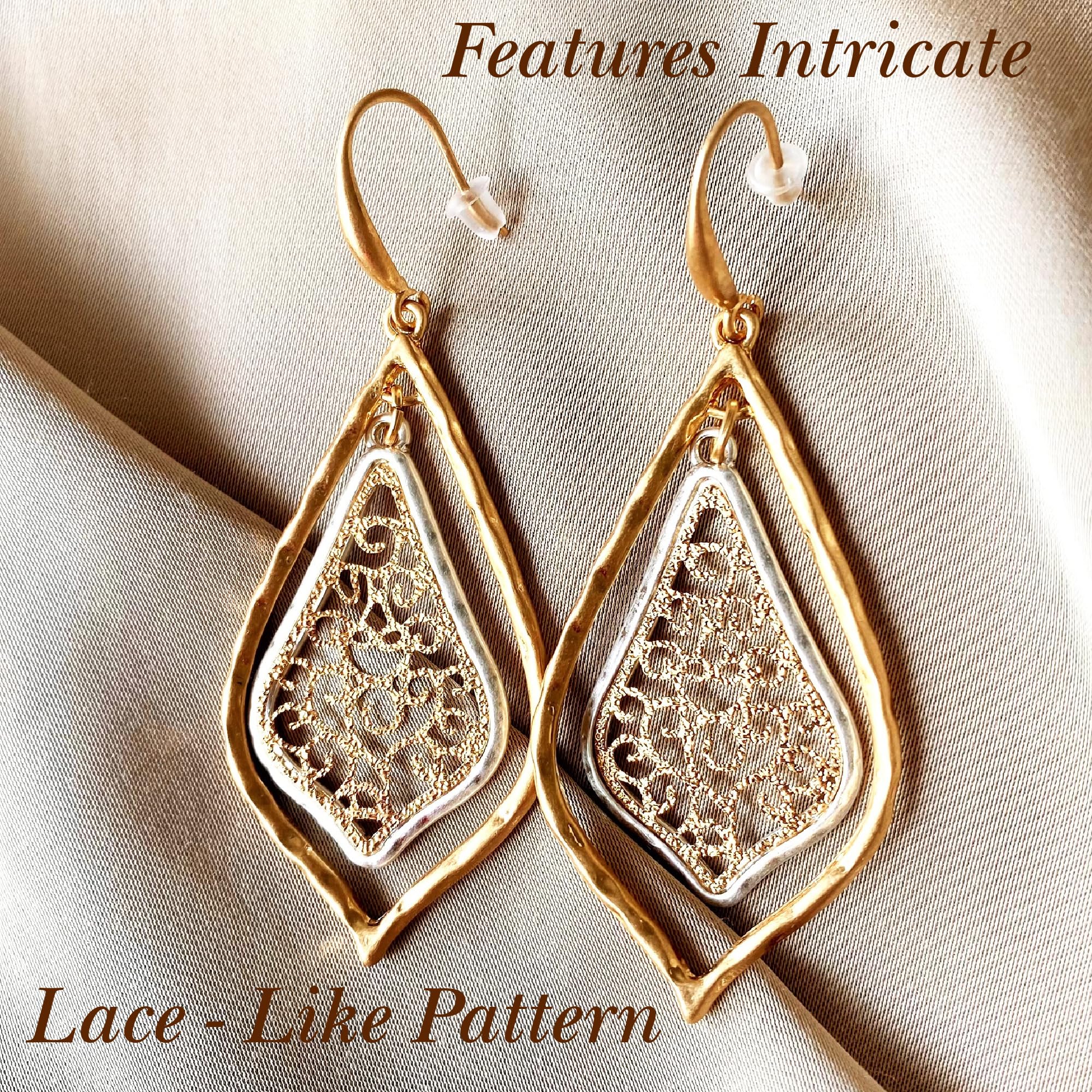 ALLISON ROSE ATELIER β Boho Filigree Two-Tone Dangle Earrings - Exquisite Handcrafted Jewelry for Boho Chic Style - Large Two Tone Worn Gold and Silver Plated Earring Set