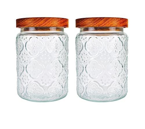 CHICHAUS Vintage Glass Storage Jars for Kitchen and Pantry，Keep Your Sugar, Candy, Flour, Cookie, Coffee, and Tea Fresh with containers Airtight wood Lids，Food Storage Jar 24oz(plum pattern)