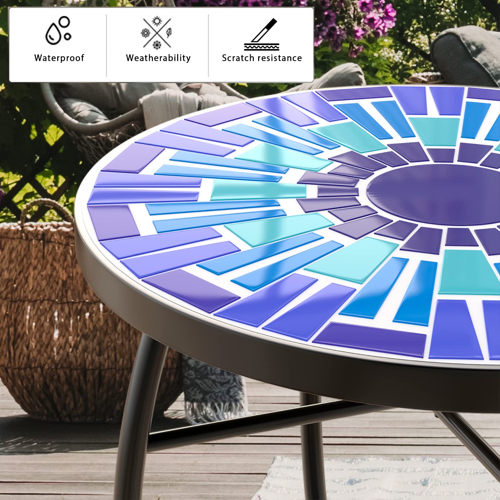 FROMJBEST Mosaic Outdoor Side Table, Patio Side Table, Weather Resistant 14" Diameter 21" H Ceramic Tile Round Outside Table for Patio, Porch, Garden, Pool, Indoor&Outdoor,Plant Stand (Vortex)