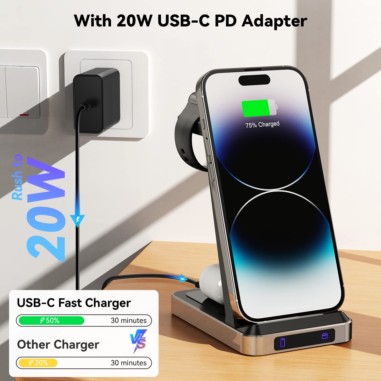 AZHWIN Charging Station for iPhone Multiple Devices - 3 in 1 Fast Wireless Charger Dock Stand for iPhone 14 13 12 11 Pro X Max XS XR 8 7 Plus Apple Watch Series 7 6 SE 5 4 3 2 & Airpods with Adapter