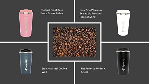 Brewly 17 oz Stainless Steel Vacuum Insulated Tumbler - Coffee Travel Mug Spill Proof Lid - Great for Coffee or Tea - Black, US Based Brand (Black)