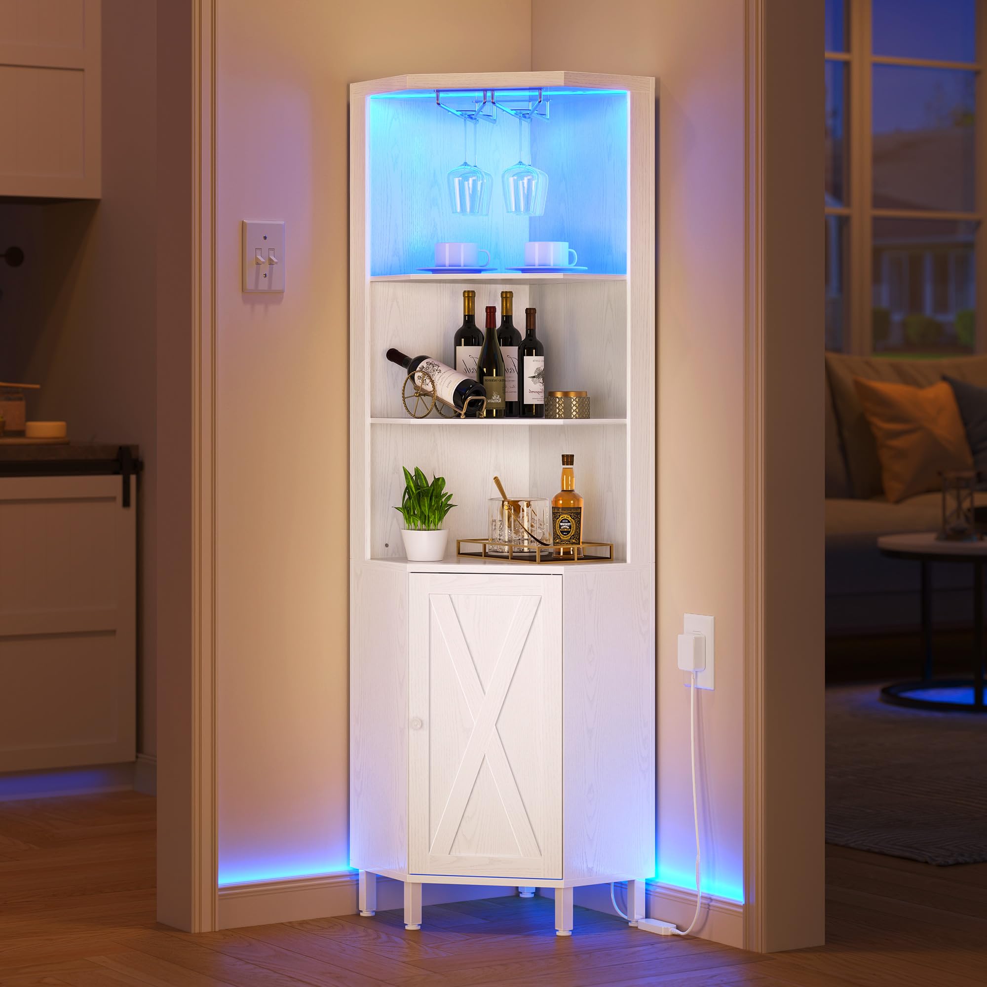 YITAHOME Corner Bar Cabinet with LED Lights & Glass Holder, 5 Tier Corner Shelf with Storage, Wine Rack Cabinet Display Shelves for Living Room, Dining Room, Kitchen, White