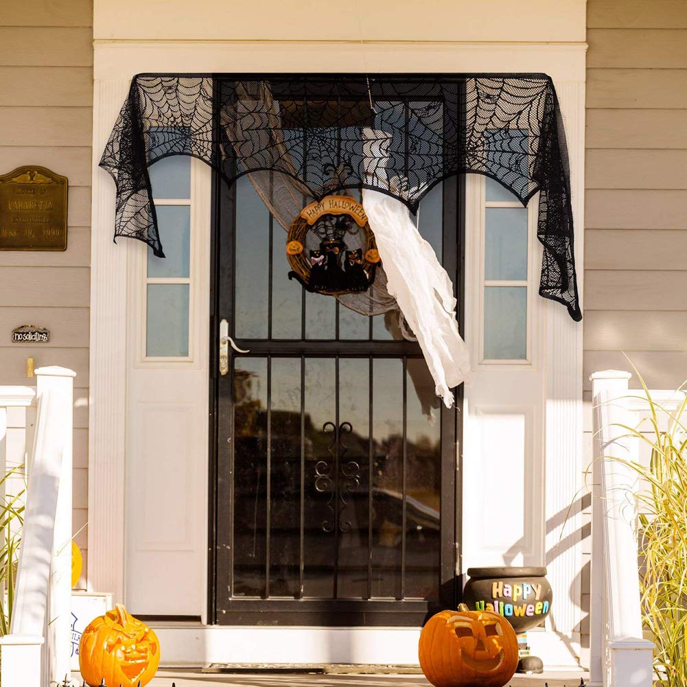 Halloween Decoration Black Lace Spiderweb Fireplace Mantle Scarf Cover Festive Party Supplies Set for Fireplace Window Door Frame Decoration 18 x 96 inch