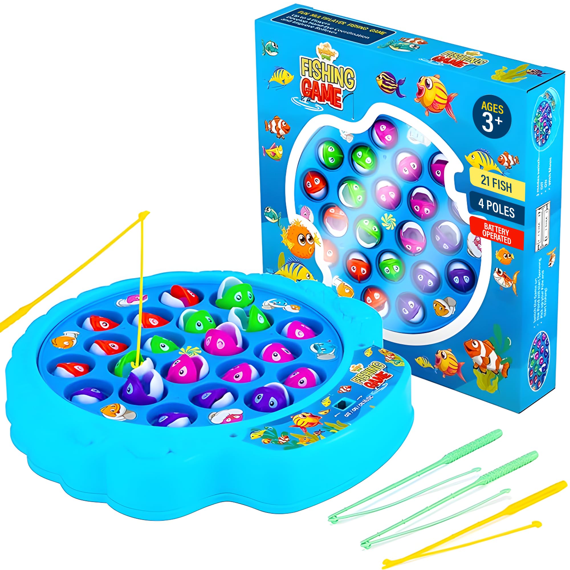 IPIDIPI TOYS Fishing Game for Kids, Hook Fishing Game for Toddlers - 21 Fish, 4 Poles Fishing Toy - Rotating Fish Board Game with Music, Educational, Fine Motor Skill Toys for Boys and Girls, Blue
