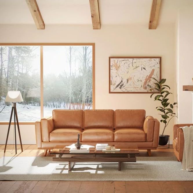 Valencia Artisan Full Leather Sofa 88β - Pure Full Italian Nappa Leather Couch, Solid Wood Accent, Ultimate Comfort, Cognac Tan