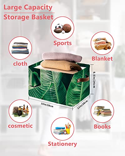 Storage Basket Summer Green Banana Leaves Storage Bin with Handles, Tropical Nature Plant Collapsible Organizer Storage Cubes Bins for Closet, Laundry Clothes, Bathroom, Nursery Toys