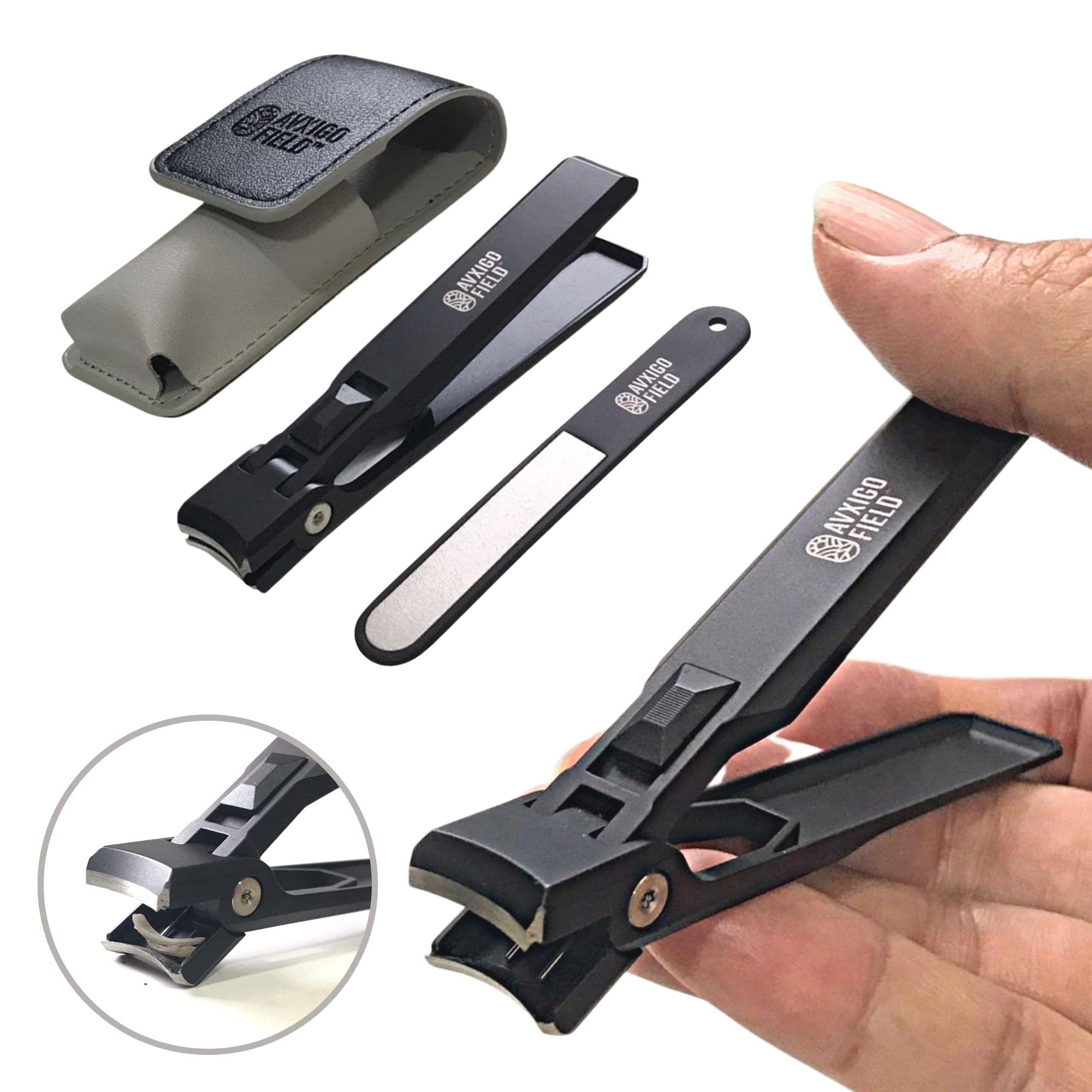 AVXIGO FIELD Ultra Sharp Sturdy Nail Clipper w/Catcher & Safety Lock, Wide Jaw Opening Curved Blade, Thick Fingernail Toenail Cutter - Comes w/Nail File, Microfiber Cloth & PU Leather Case (Black)