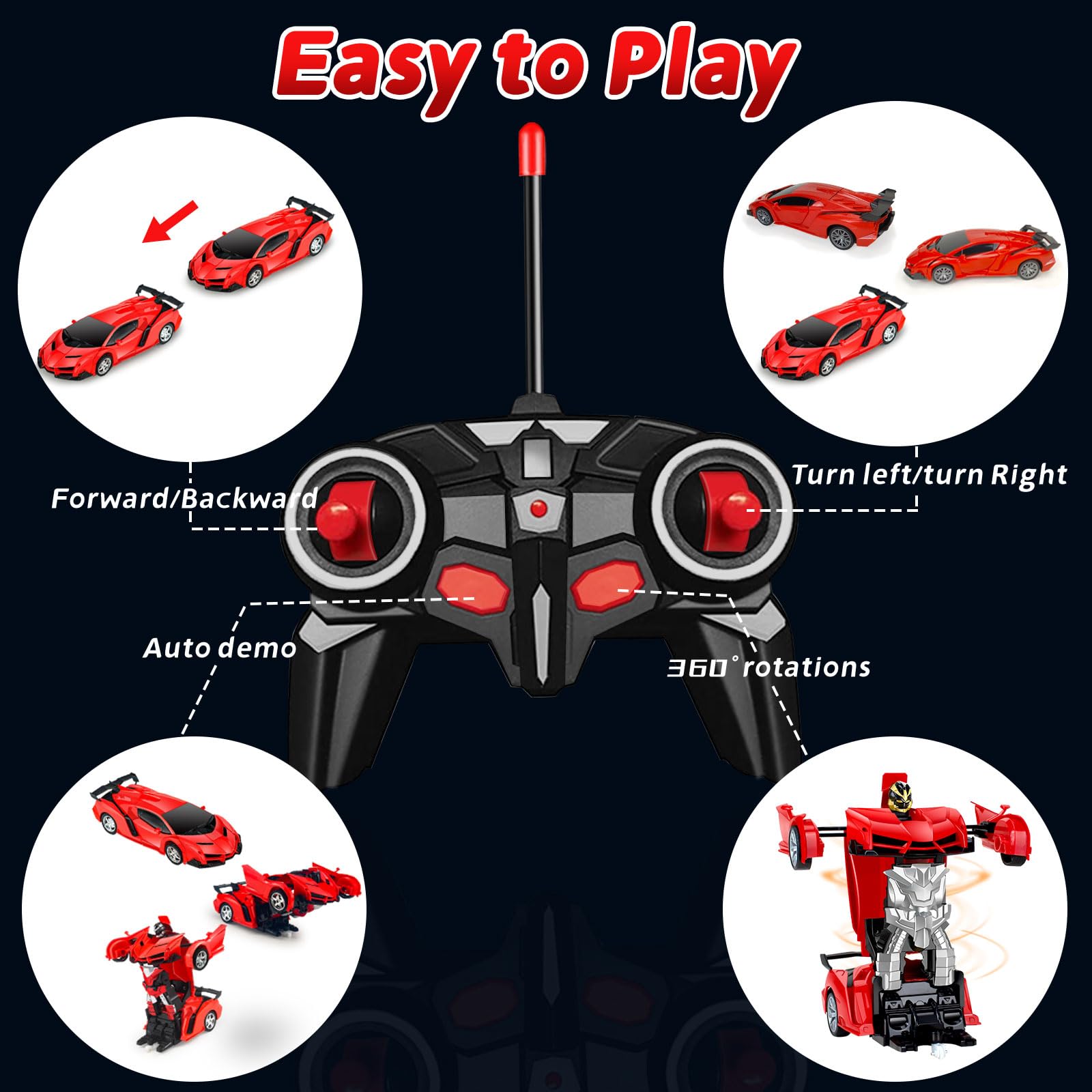 Transformable Remote Control Car for Boys 4-7 8-12 Gifts, 1:18 Transform Robot Toy Car with 360° Rotating Led Lights & One Button Deformation, Kids Robot Toys for 3 4 5 6 7 8 9 10+Years Old, Red